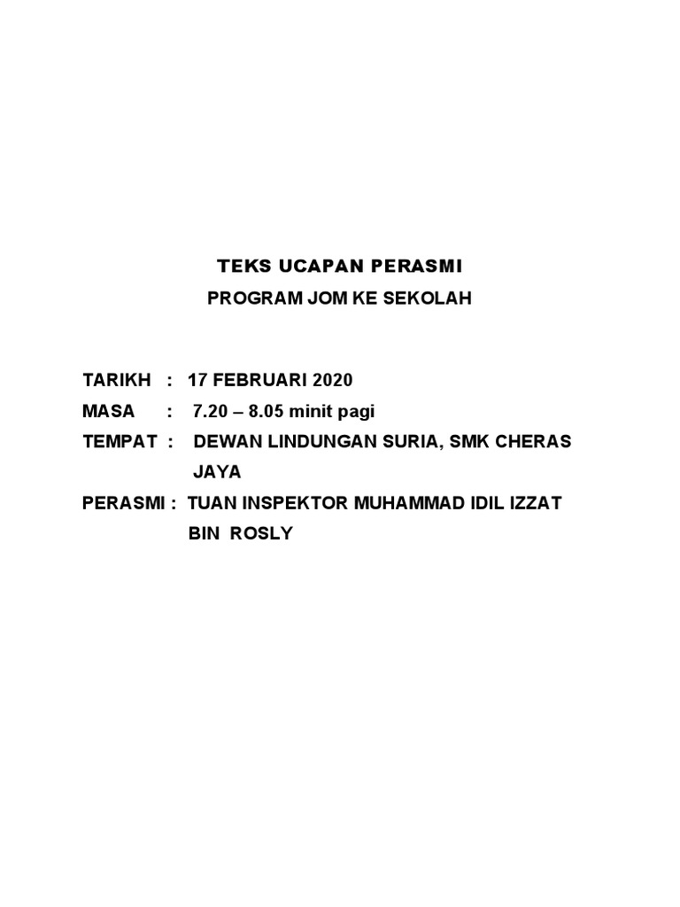 Teks Ucapan Perasmian Program Jom Ke Sekolah 2020 | PDF