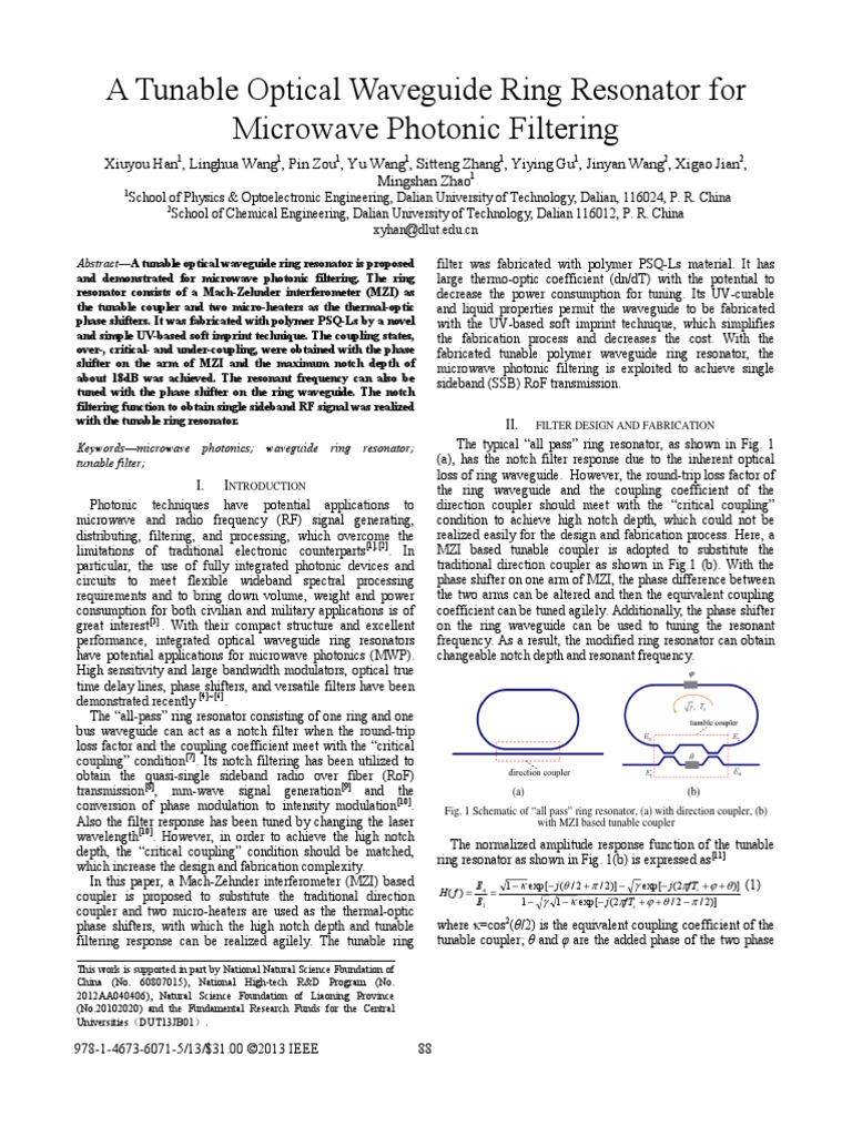 A Tunable Optical Waveguide Ring Resonator For Microwave Photonic ...