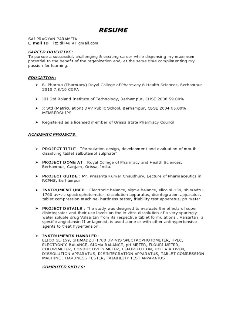 B-Pharm Fresher Resume | PDF | Tablet (Pharmacy) | Pharmacology