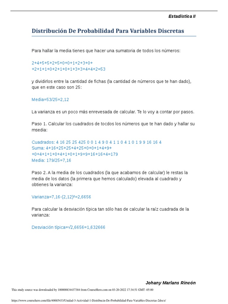 Unidad 3 Actividad 1 Distribuci N de Probabilidad para Variables Discretas 2 | PDF | Diferencia ...