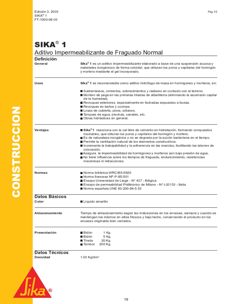 Sika 1 | PDF | Hormigón | Materiales