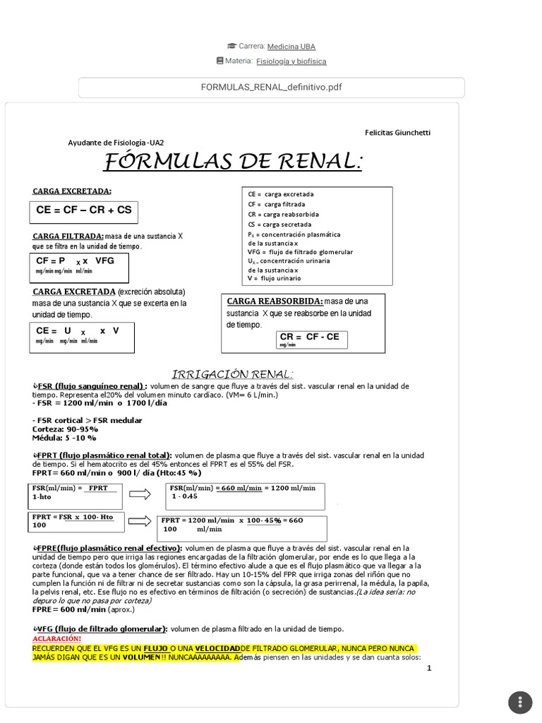 Resumen - Renal - Formulas - Fisiología y Biofísica - Medicina UBA ...