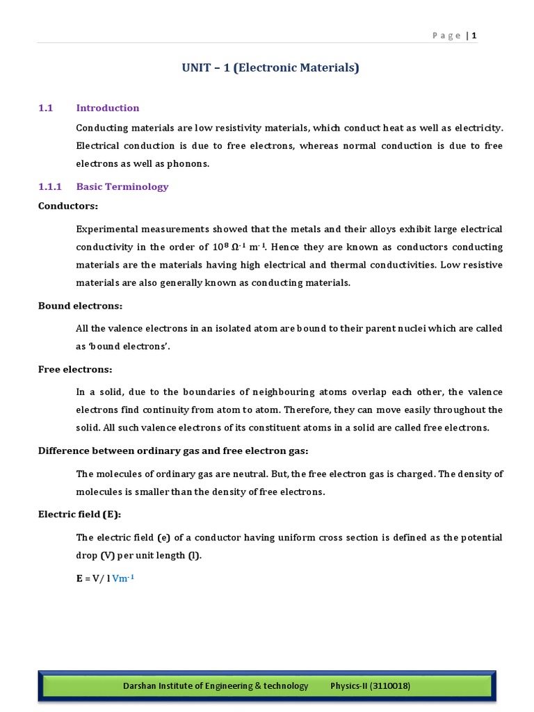 UNIT - 1 (Electronic Materials) : Conductors | Download Free PDF | Electrical Resistivity And ...