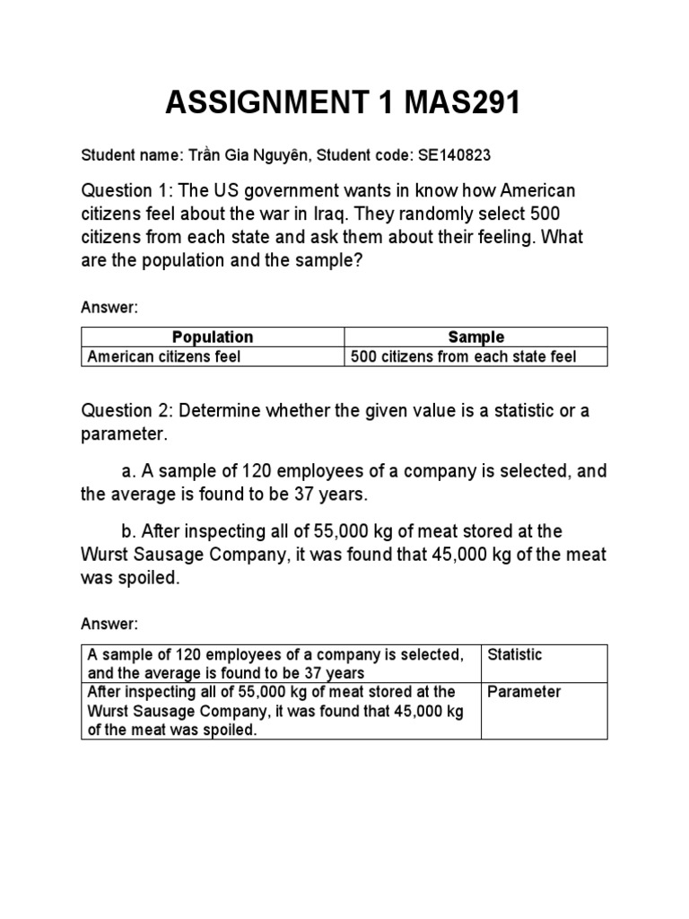 Assignment 1 Mas291: Population Sample | PDF | Statistic | Scientific Method