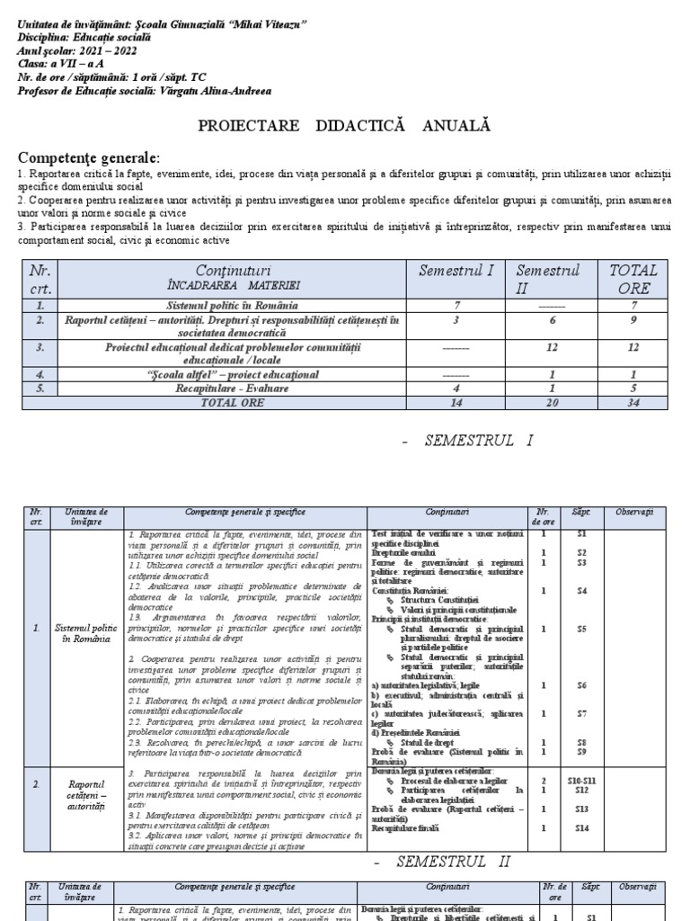 Ed Sociala VII A - 2021 - 2022 | PDF