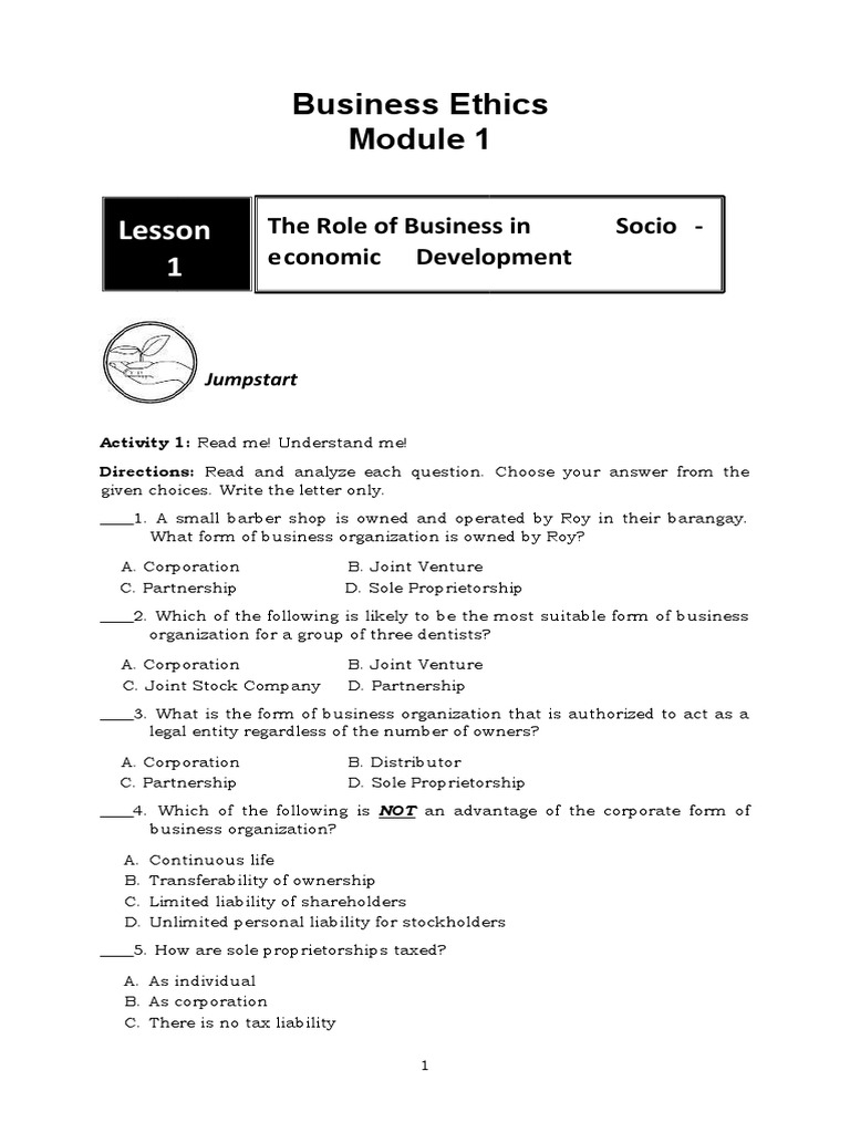 Business Ethics Module 1 | PDF | Partnership | Corporations
