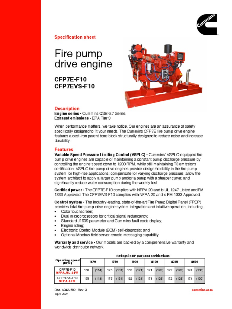 A042j592 Cfp7e F10 Specification Sheet PDF Horsepower Diesel Engine