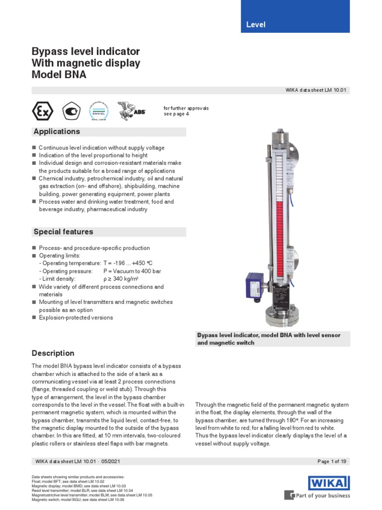 Bypass Level Indicator With Magnetic Display Model BNA: Applications ...