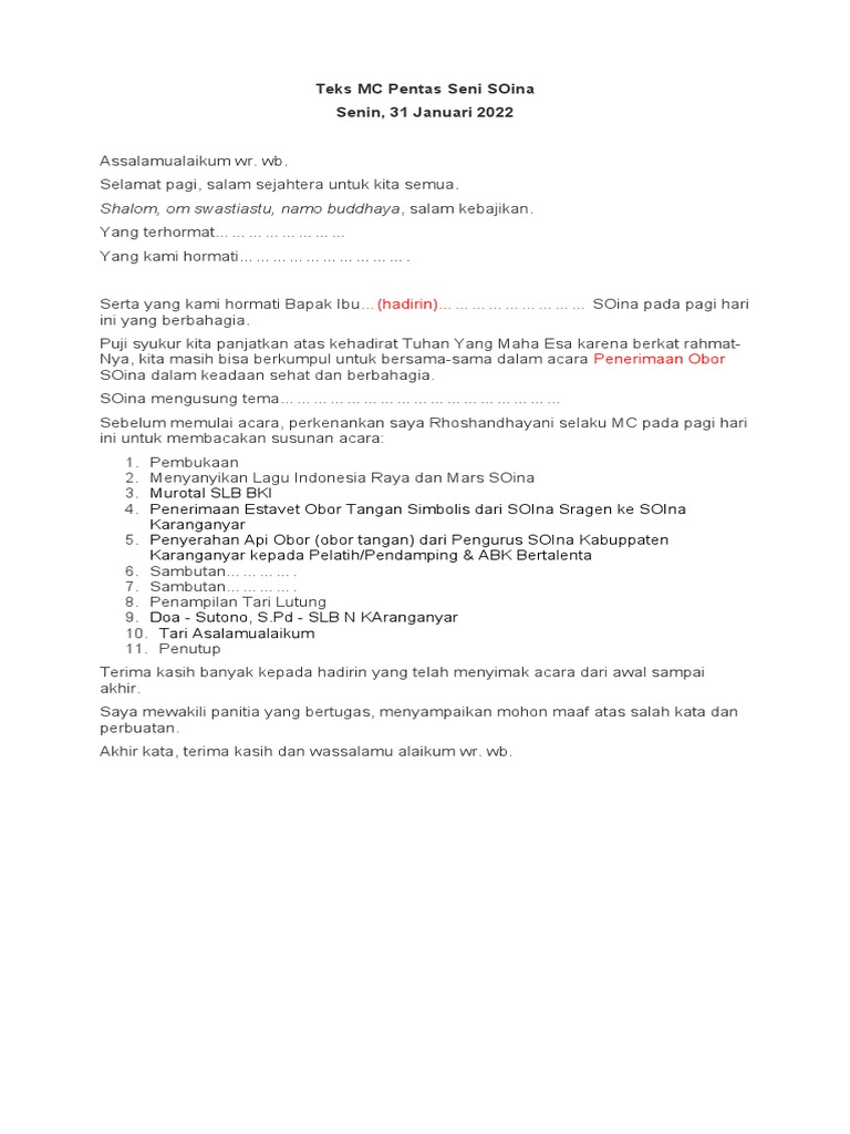 Teks MC Pentas Seni SOina | PDF