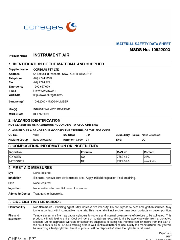 Instrument Air - Msds | PDF | Combustion | Oxygen