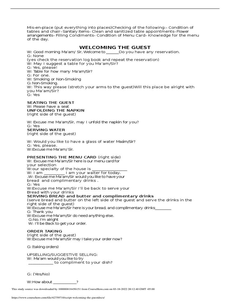 Script Welcoming The Guest | PDF | Wine | Alcoholic Drinks