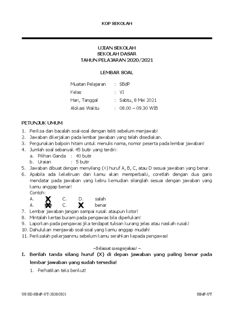 NASKAH SOAL UJIAN SBDP Kelas 6 | PDF