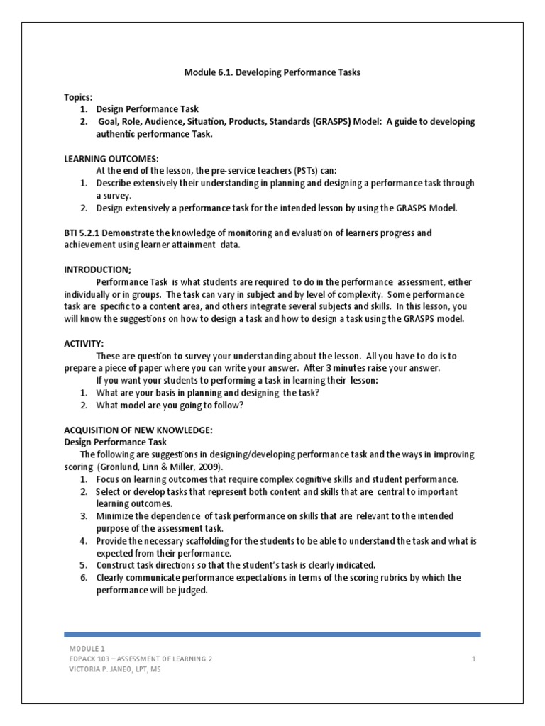 GRASPS Model for Performance Tasks | PDF | Learning | Educational Psychology