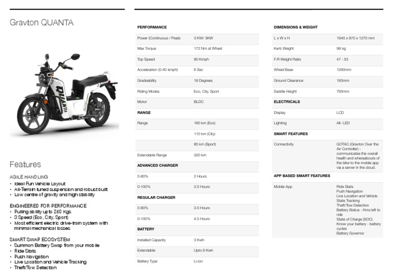 Gravton Quanta Specifications | PDF | Battery Charger | Motor Vehicle