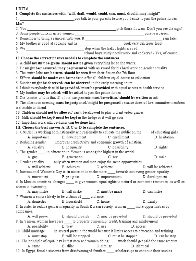 Unit 6 I. Complete The Sentences With "Will, Shall, Would, Could, Can, Must, Should, May, Might ...