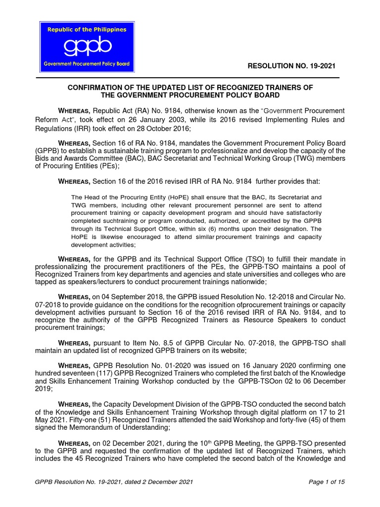 GPPB Resolution No. 19-2021 - Updated | PDF | Philippines | Governance