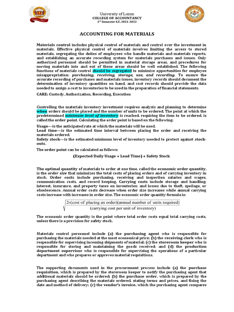 Materials Control in Accounting | PDF | Inventory | Debits And Credits