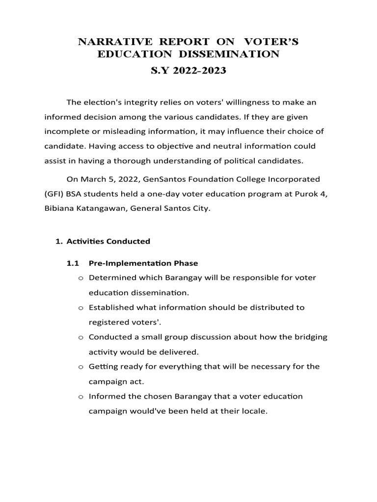 Narrative Report On Voter's Ed Dissemination | PDF | Elections | Government