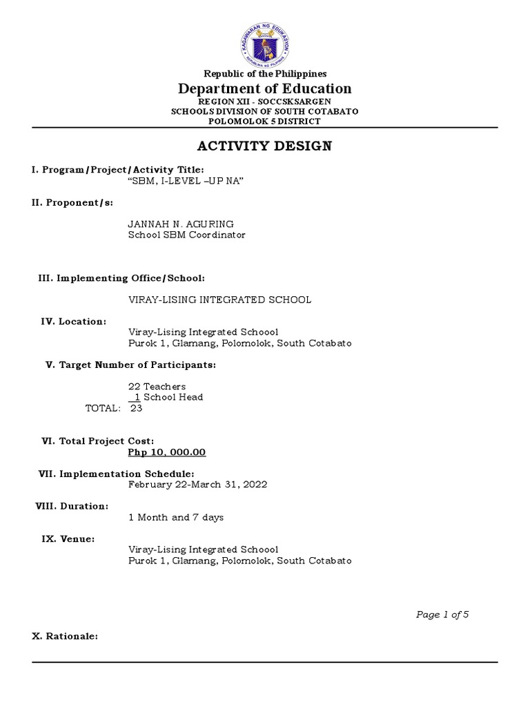 Activity Design For SBM | PDF