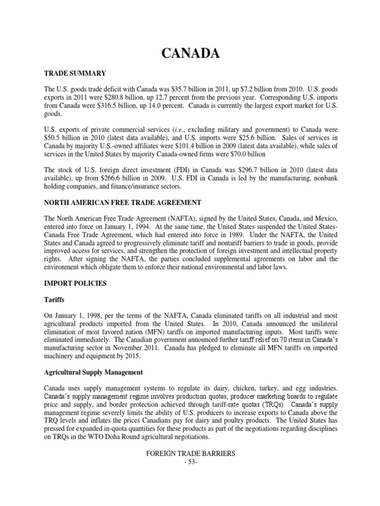 Canada: Trade Summary | PDF | North American Free Trade Agreement | Canada