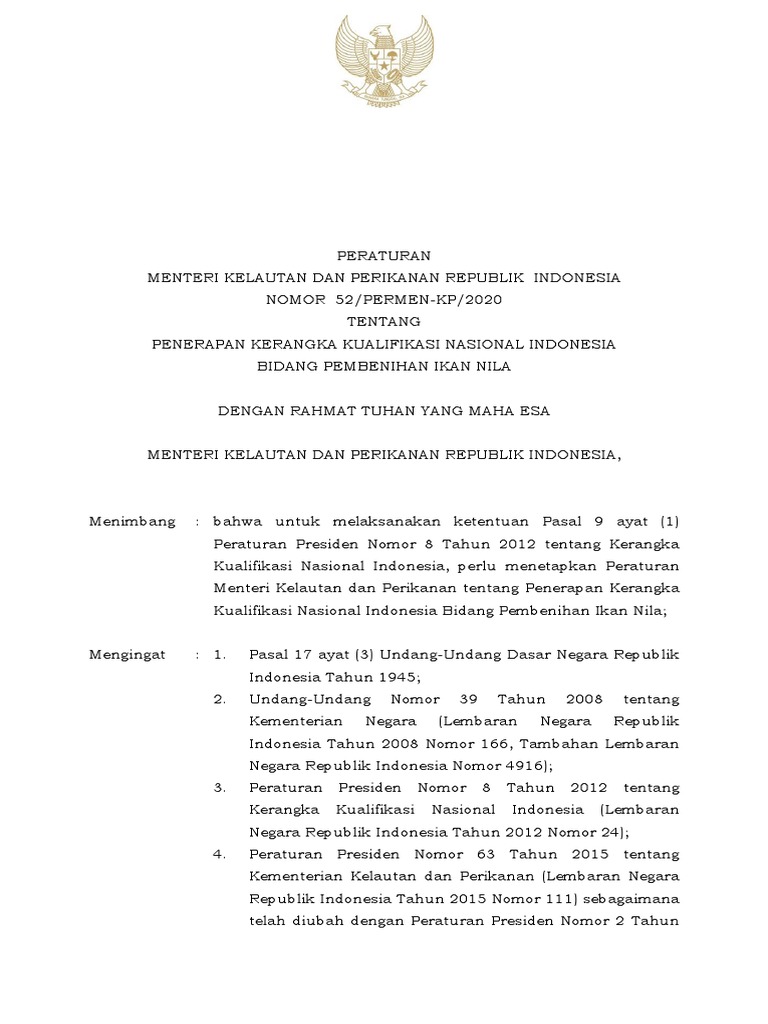 3b56c 52 Permen KP 2020 TTG Penerapan Kkni Bid - Budidaya Ikan Nila | PDF