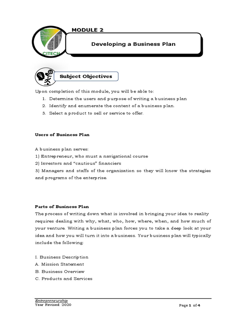 Developing a Business Plan Module | PDF | Entrepreneurship | Customer