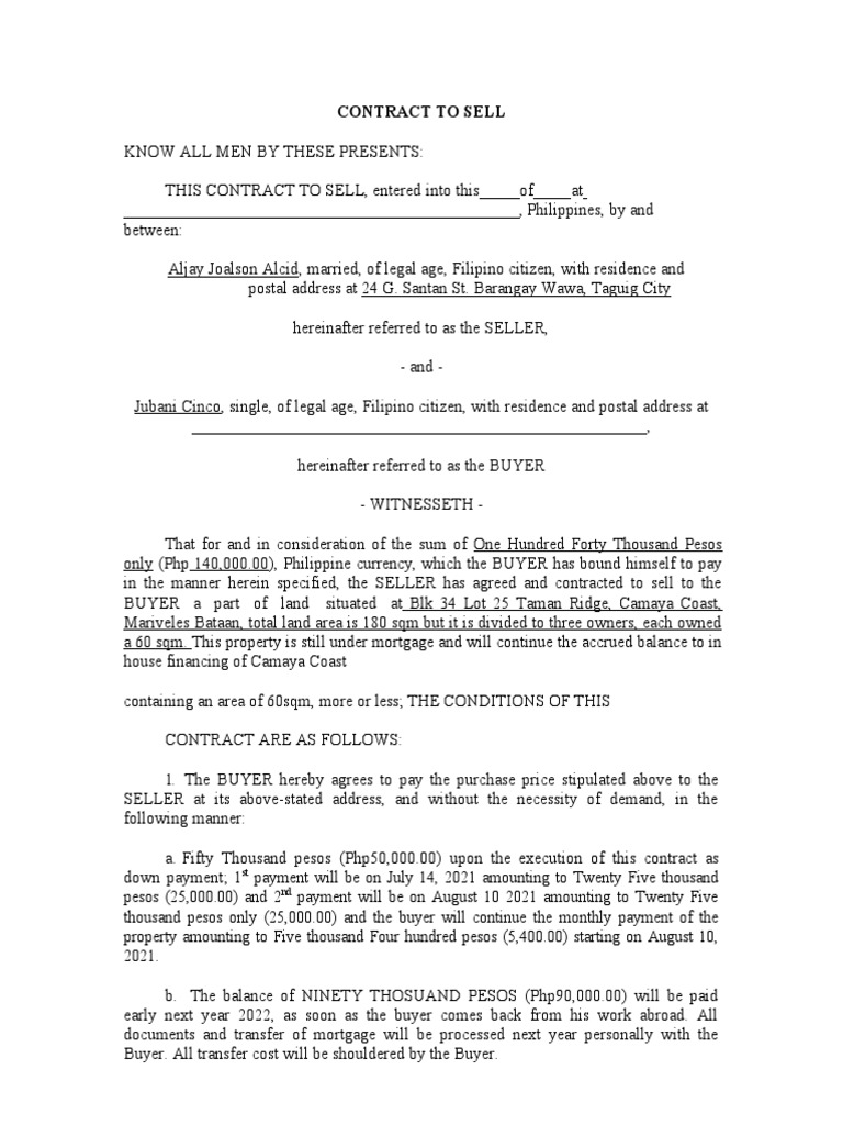 Contract To Sell SAMPLE | PDF | Notary Public | Sales