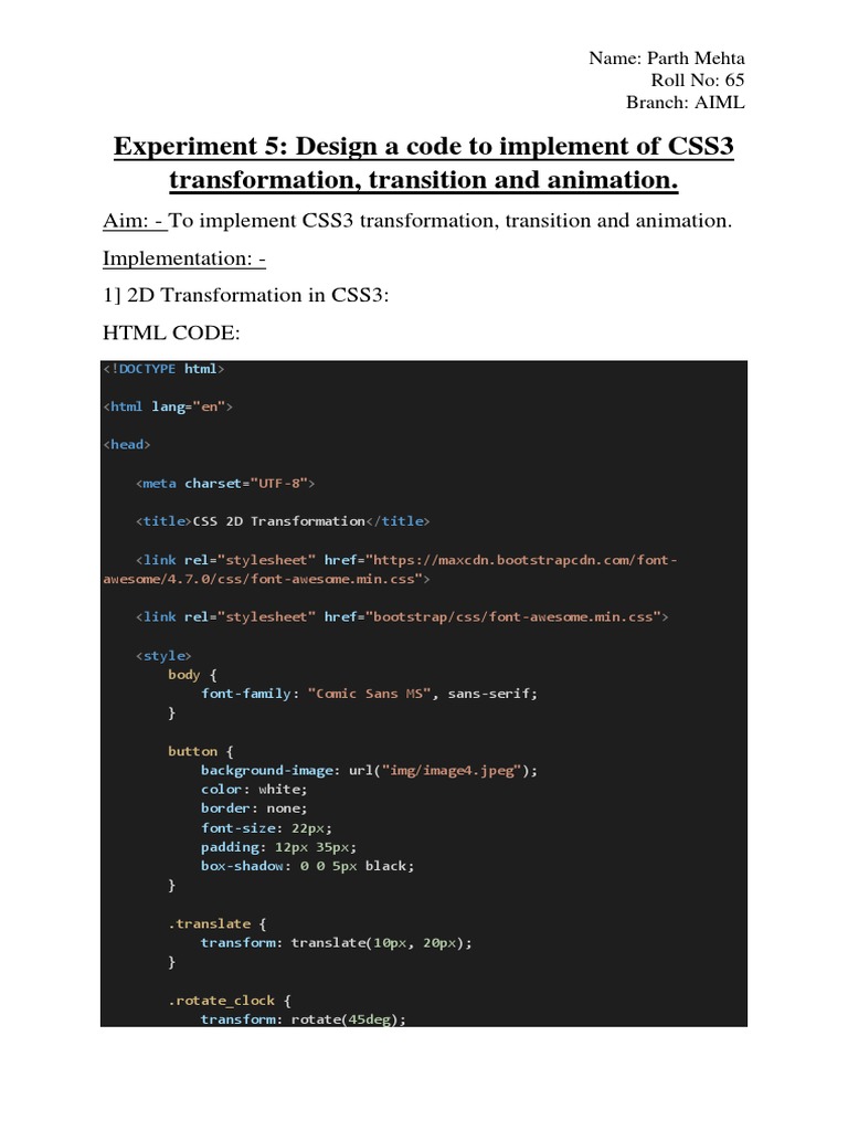 Experiment 5 Design A Code To Implement Of Css3 Transformation Transition And Animation Pdf 8945