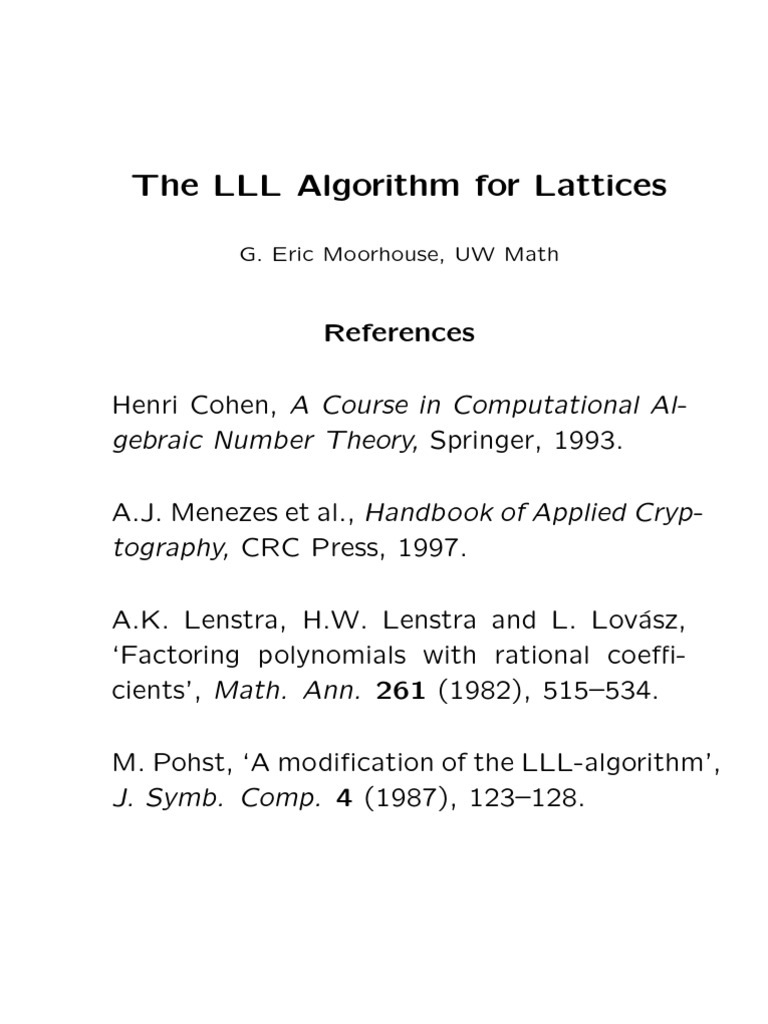 The LLL Algorithm For Lattices: Gebraic Number Theory, Springer, 1993 ...