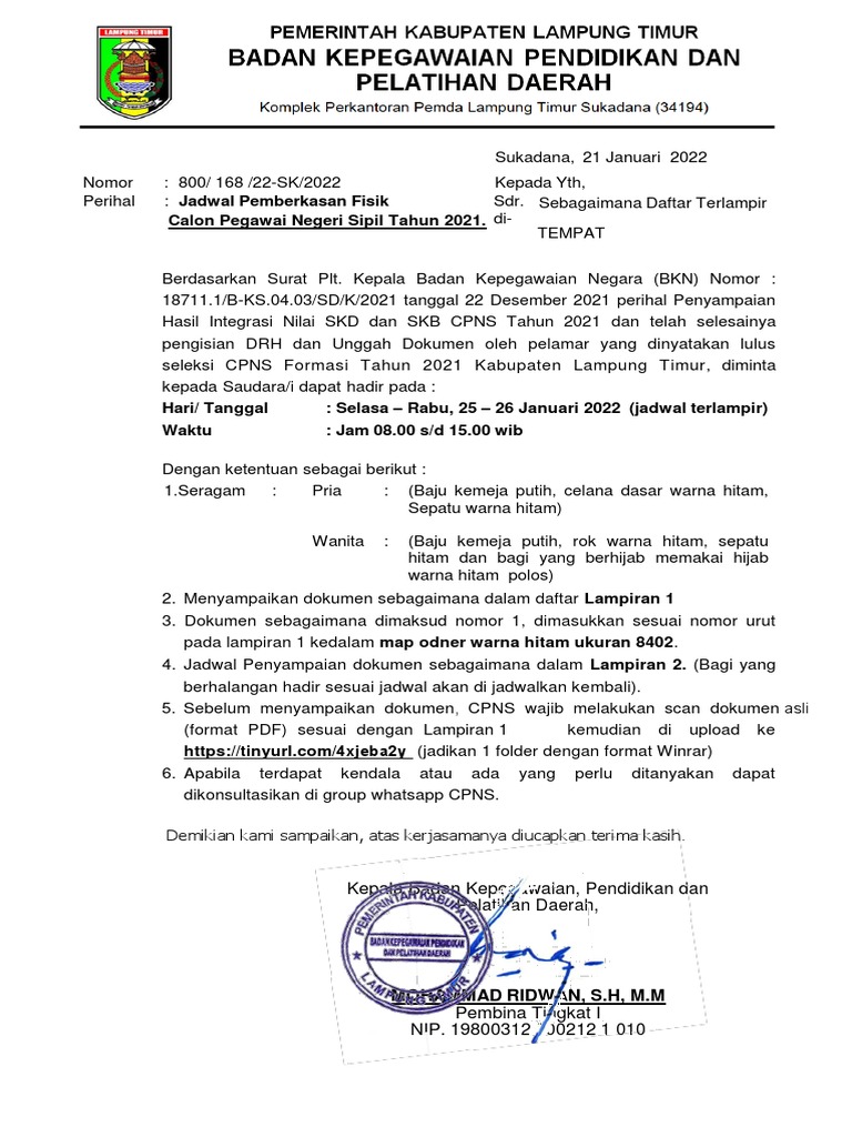 Surat Edaran Dan Jadwal Pemberkasan Fisik Cpns Tahun 2021 Pdf