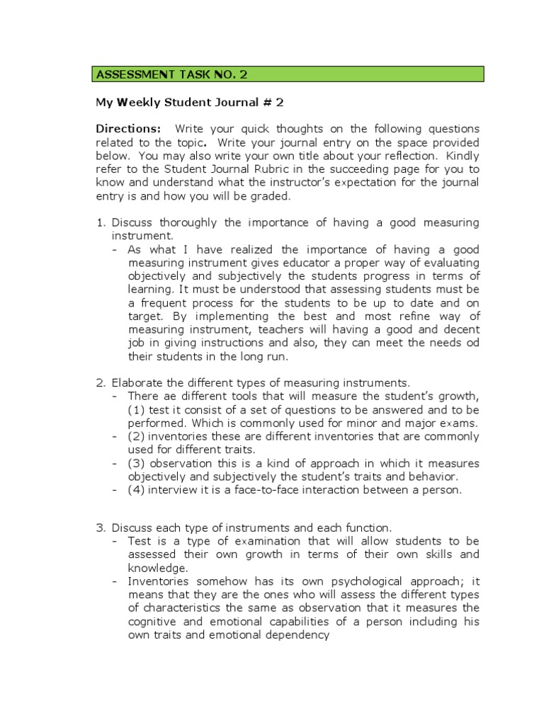Assessment Task No. 2 My Weekly Student Journal # 2 Directions: Write ...
