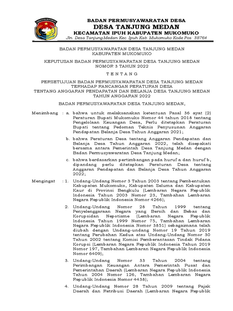 BPD RAPBDesa Awal 2022 OK | PDF | Pengelolaan Keuangan & Uang