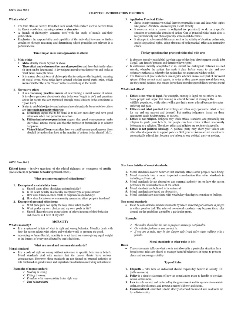 Chapter 1: Introduction To Ethics: GADTC: Ethics (Unit I) | PDF ...