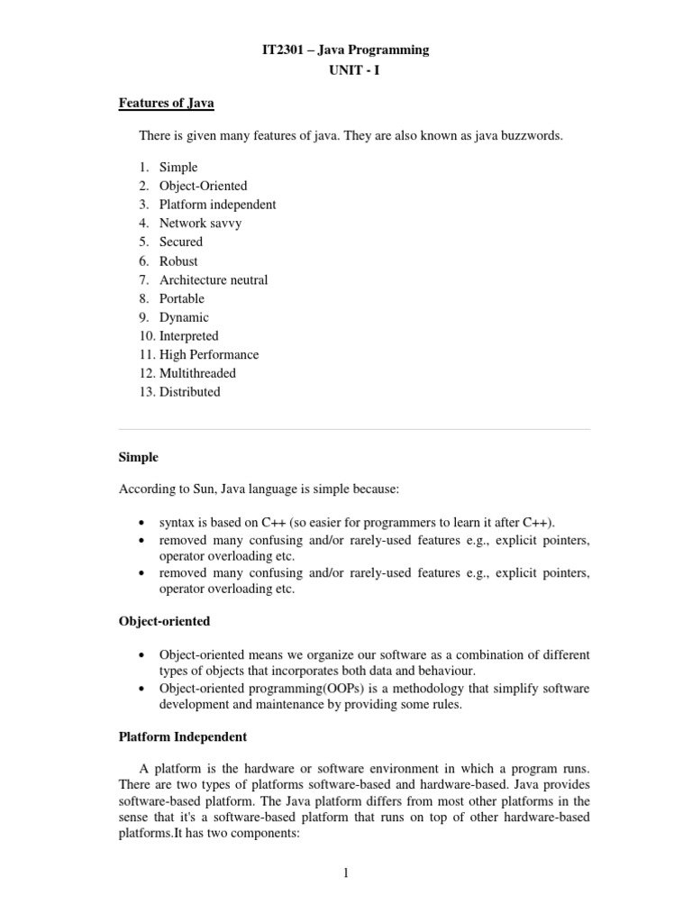 IT2301 - Java Programming Unit - I Features of Java | PDF | Programming ...