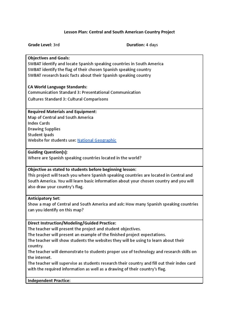 Central and South American Countries Lesson Plan | PDF