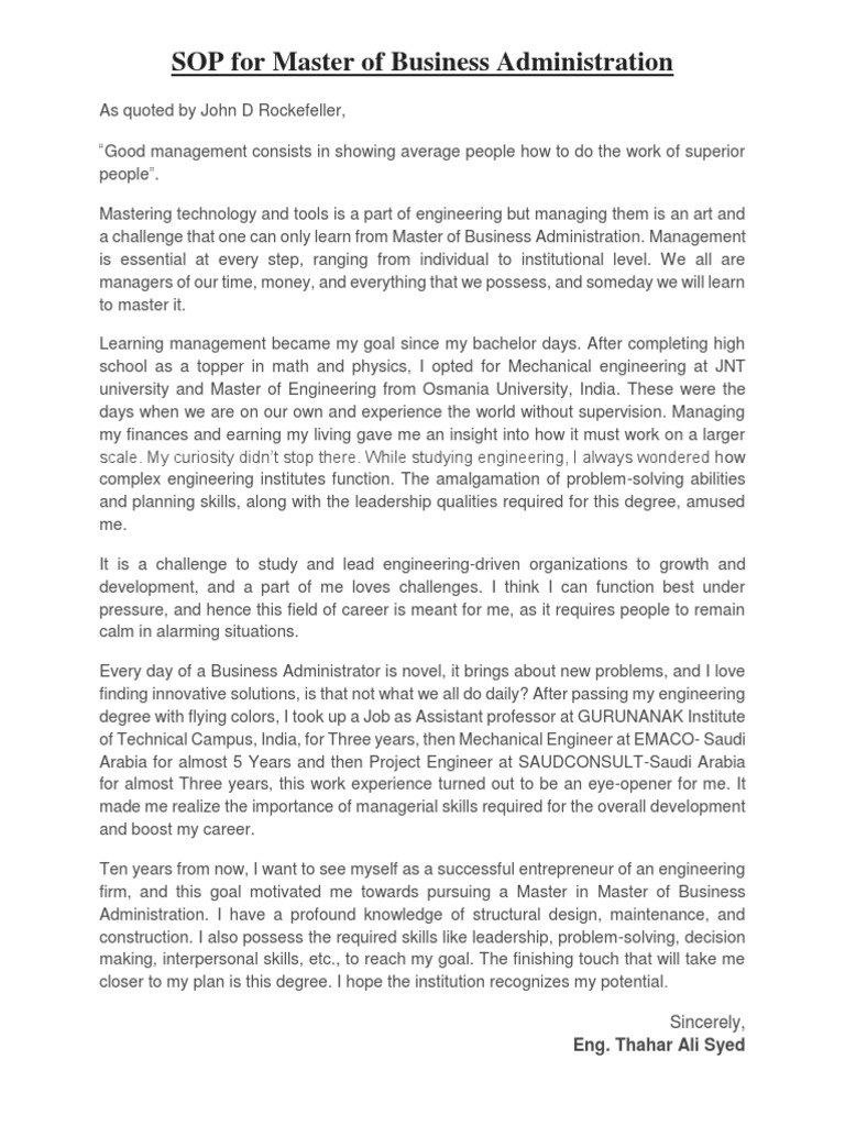 SOP For Master of Business Administration: Eng. Thahar Ali Syed | PDF ...