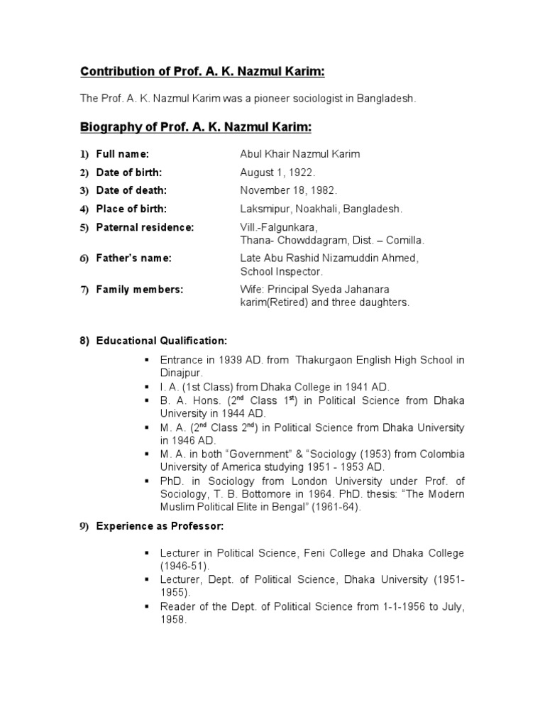 A Brief Biography of Prof. A. K. Nazmul Karim | PDF | Bangladesh | Dhaka