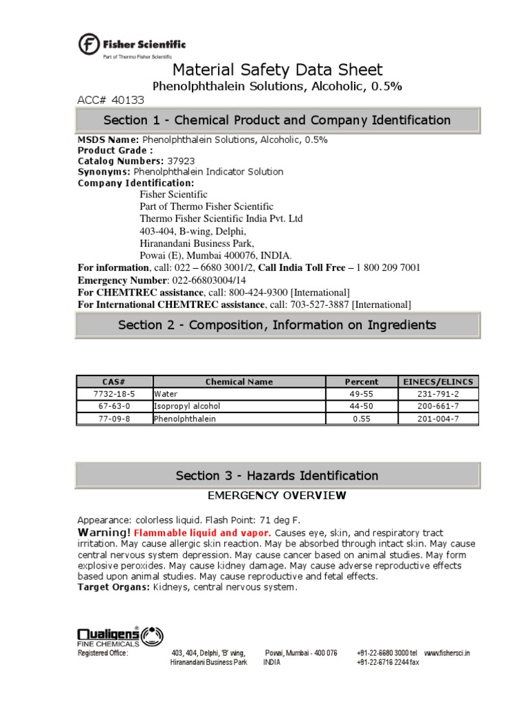 Material Safety Data Sheet: Section 1 - Chemical Product and Company Identification | PDF ...