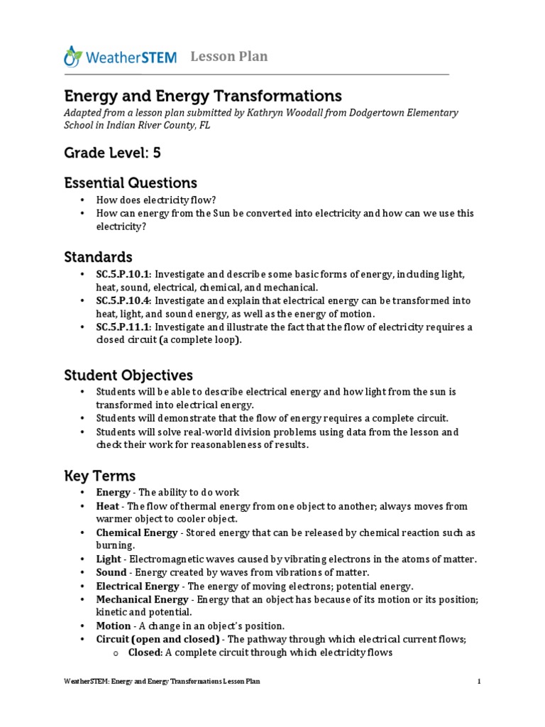 Energy and Transformations Lesson Plan | PDF | Electricity | Solar Power