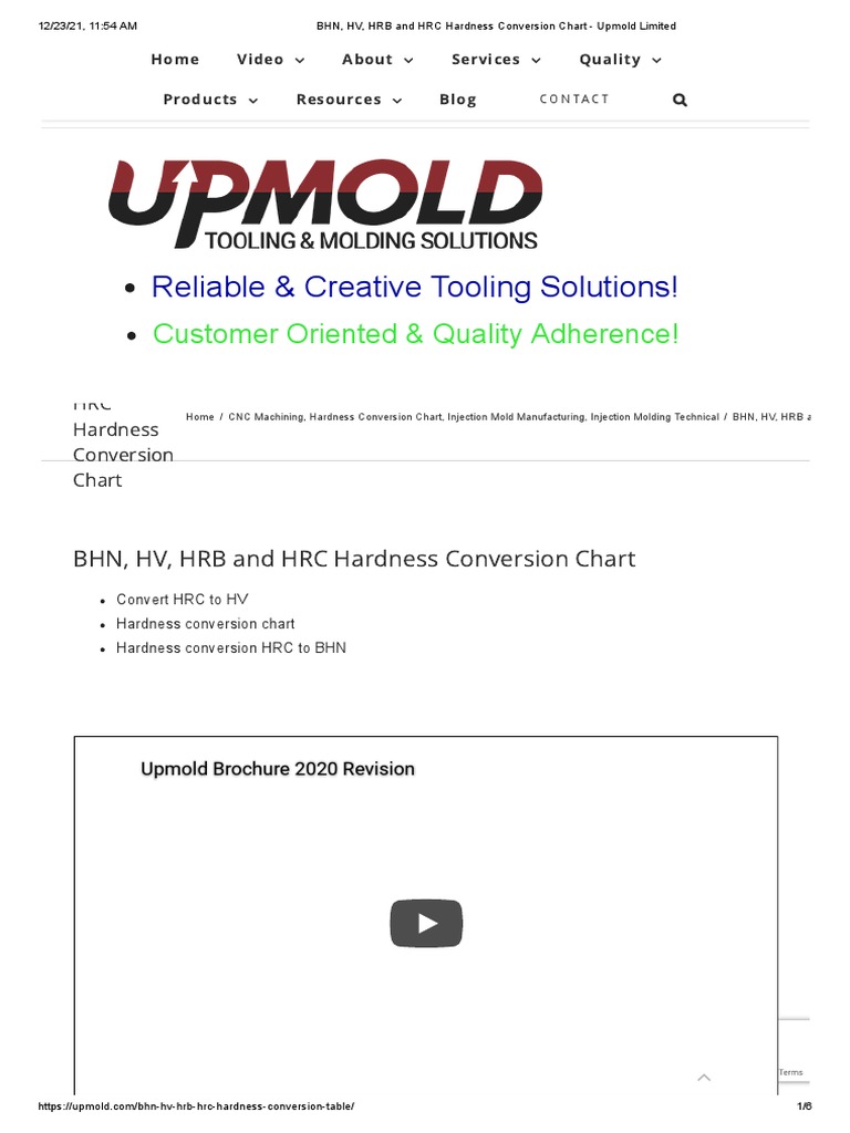 BHN, HV, HRB and HRC Hardness Conversion Chart - Upmold Limited | PDF ...