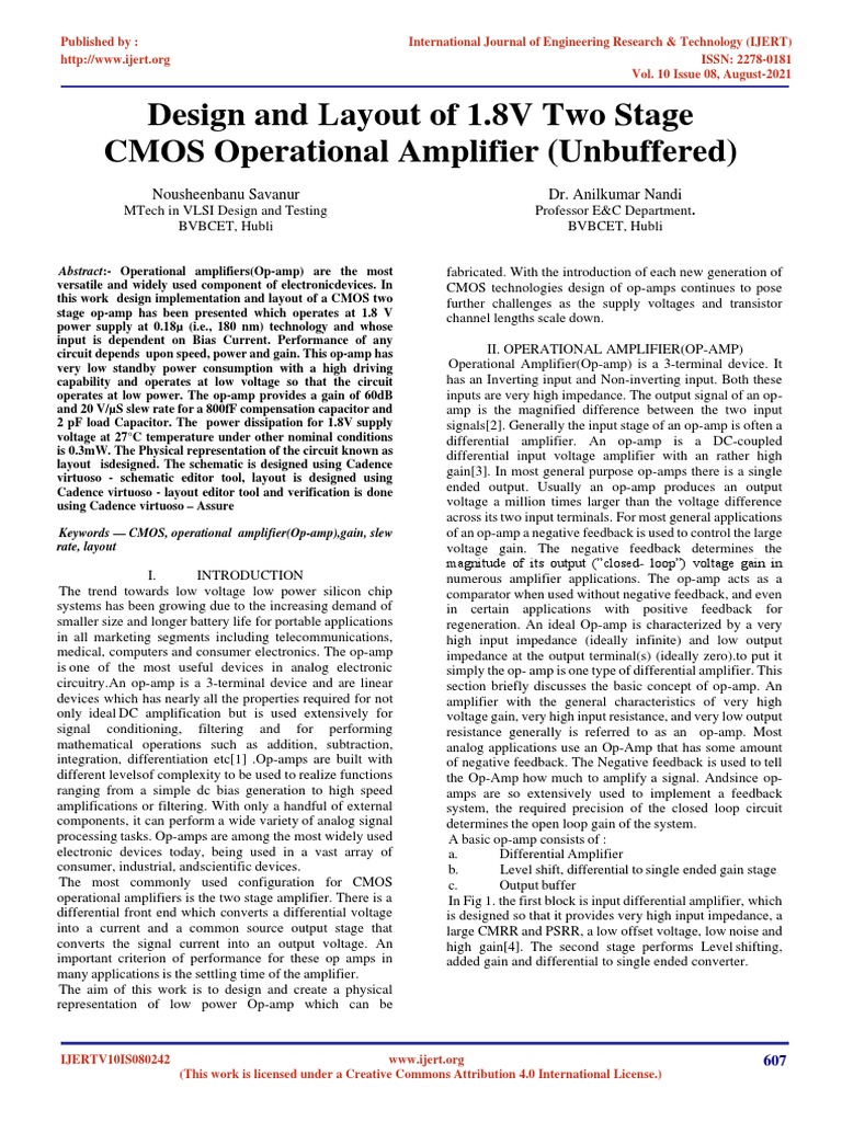 Design And Layout Of 1 8v Two Stage Cmos Operational Amplifier