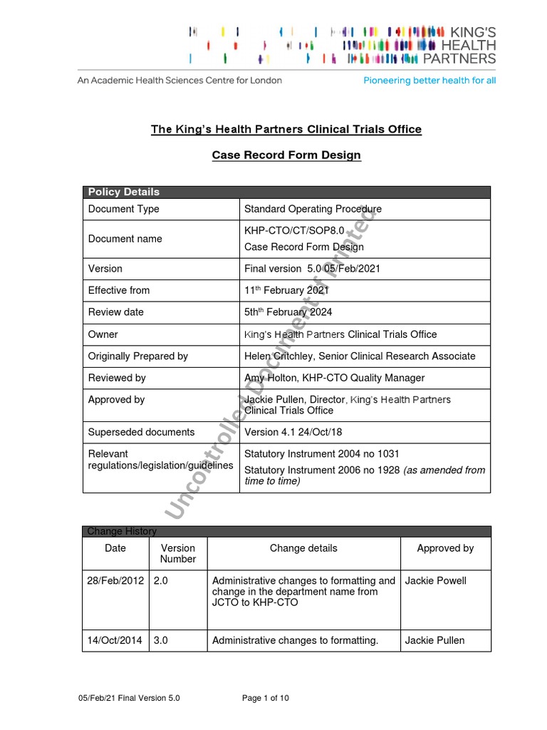 The King's Health Partners Clinical Trials Office Case Record Form ...