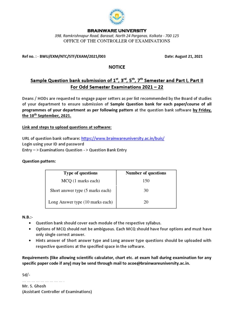Notice Sample Question Bank Submission of 1, 3, 5, 7 Semester and Part ...