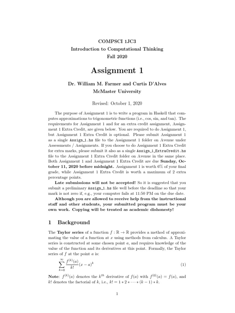 Assignment 1 Compsci 1jc3 Introduction To Computational Thinking Fall 2020 Pdf