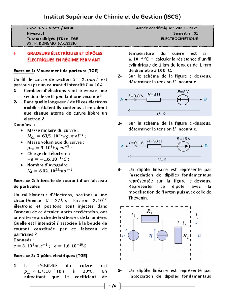 TD Electrocinetique 2020 2021 | PDF | Tension électrique | Électron