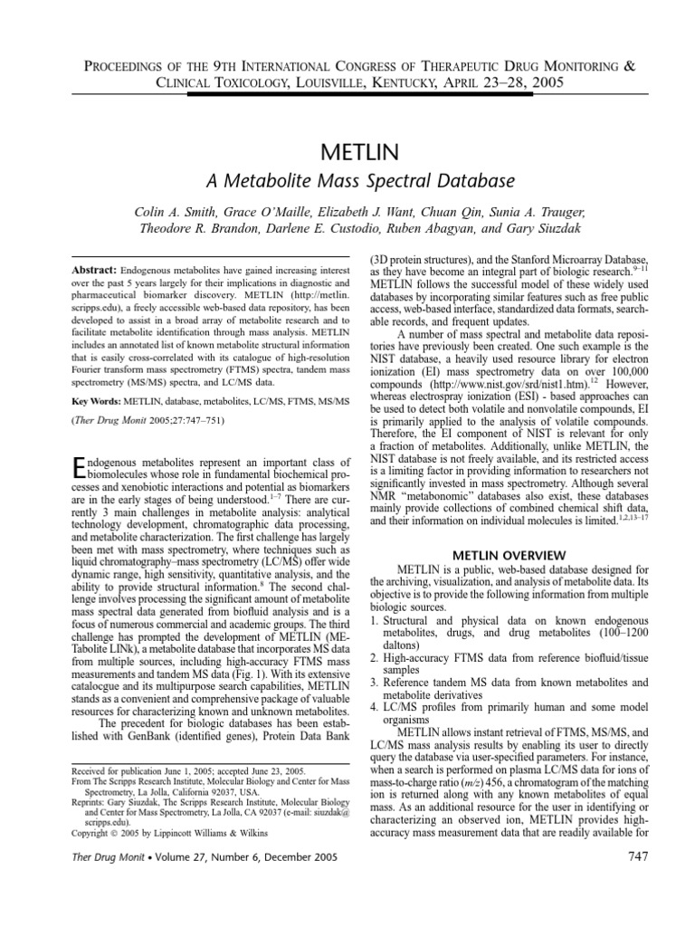 Metlin: A Metabolite Mass Spectral Database | Download Free PDF ...