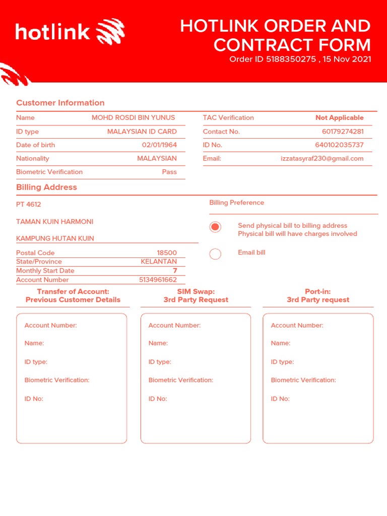 Hotlink Order and Contract Form: Customer Information | PDF | Roaming ...