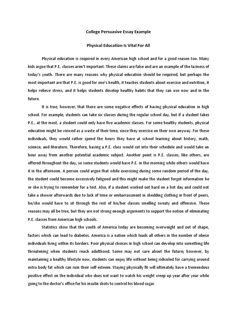 College Persuasive Essay Example Physical Education Is Vital For All ...