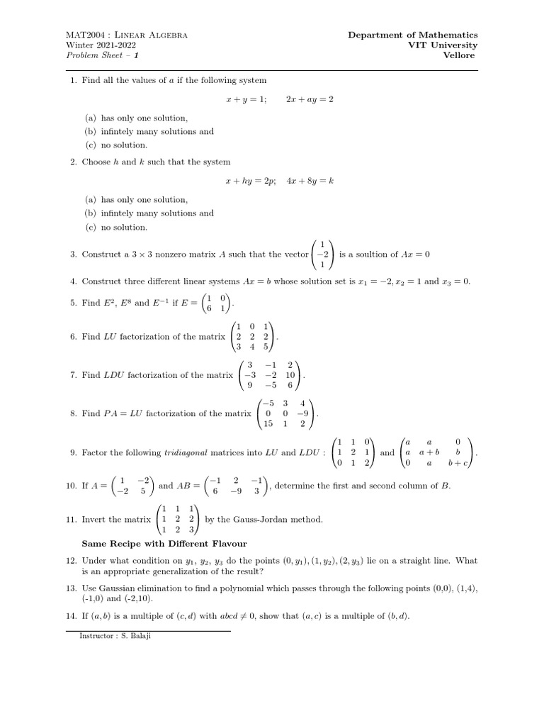 Problem Sheet 1 | Download Free PDF | Matrix (Mathematics) | Numerical ...