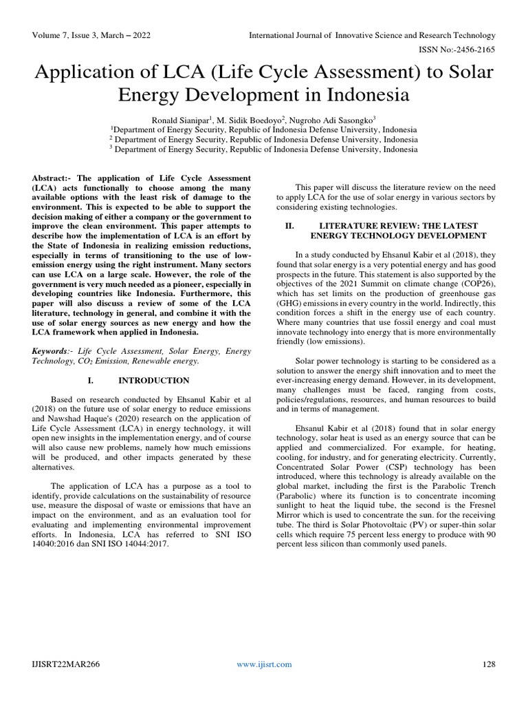 Application of LCA (Life Cycle Assessment) To Solar Energy Development ...